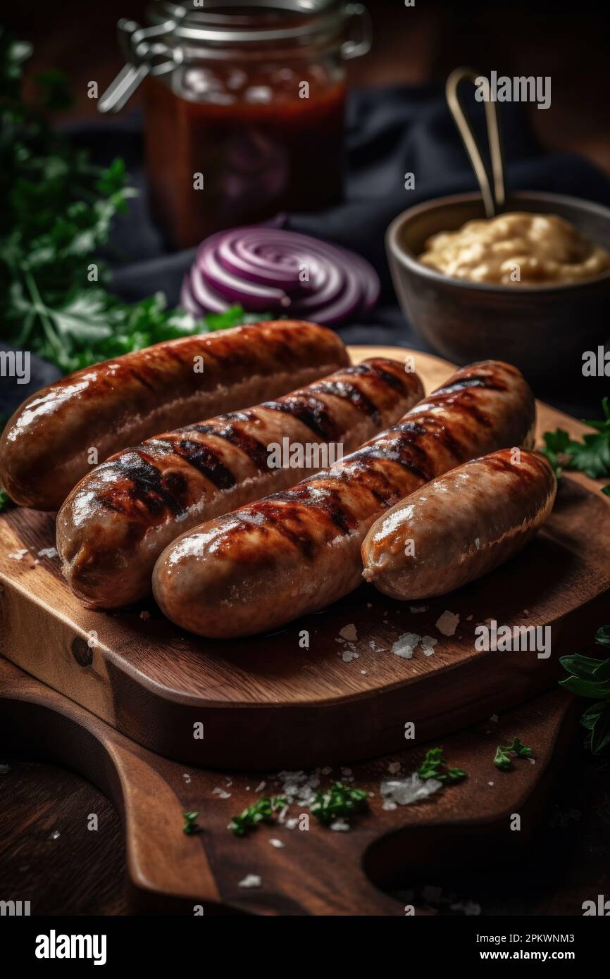 Collection de différents types de saucisses allemandes de porc et de veau à la sauce moutarde ...