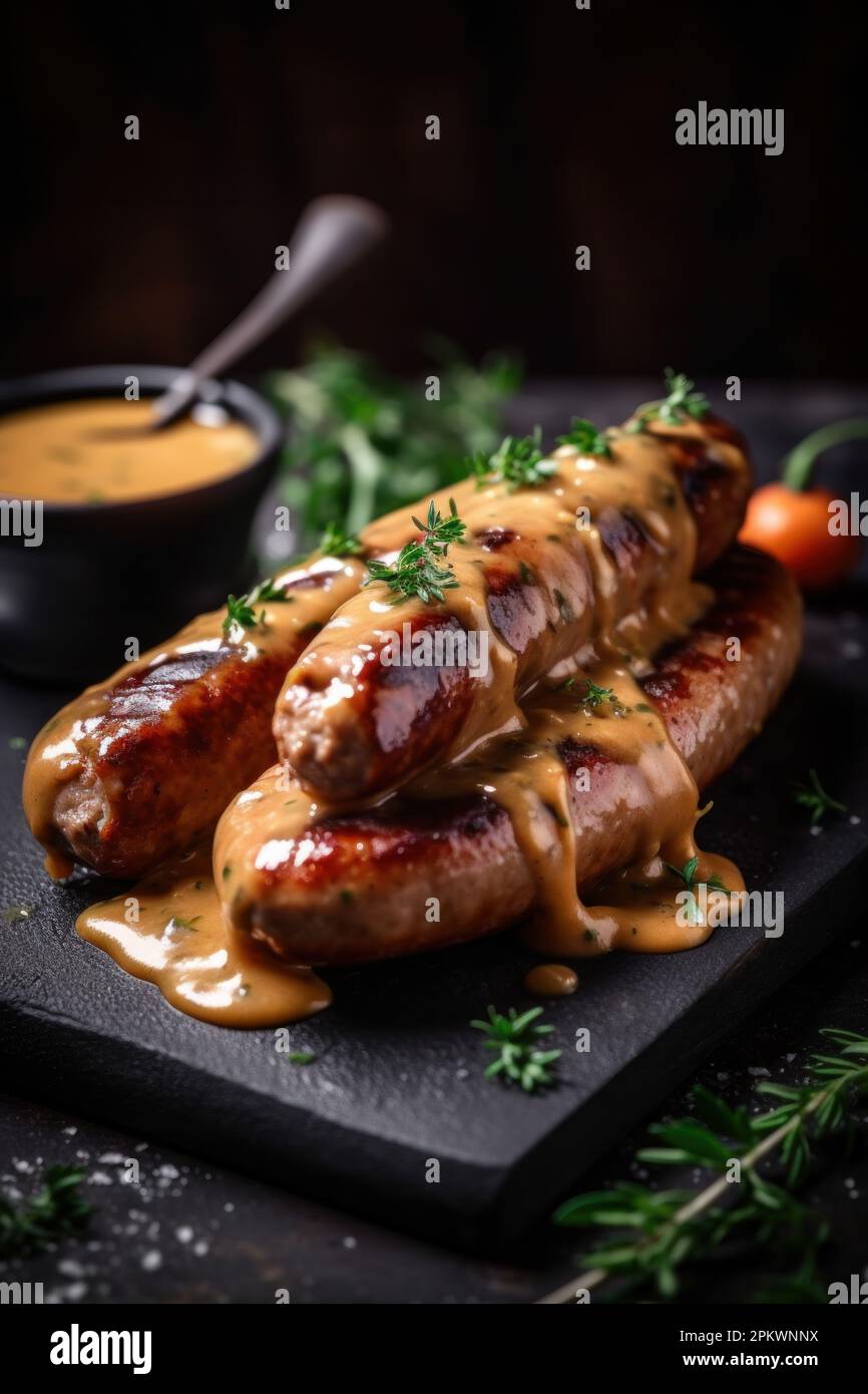 Collection de différents types de saucisses allemandes de porc et de veau à la sauce moutarde ...