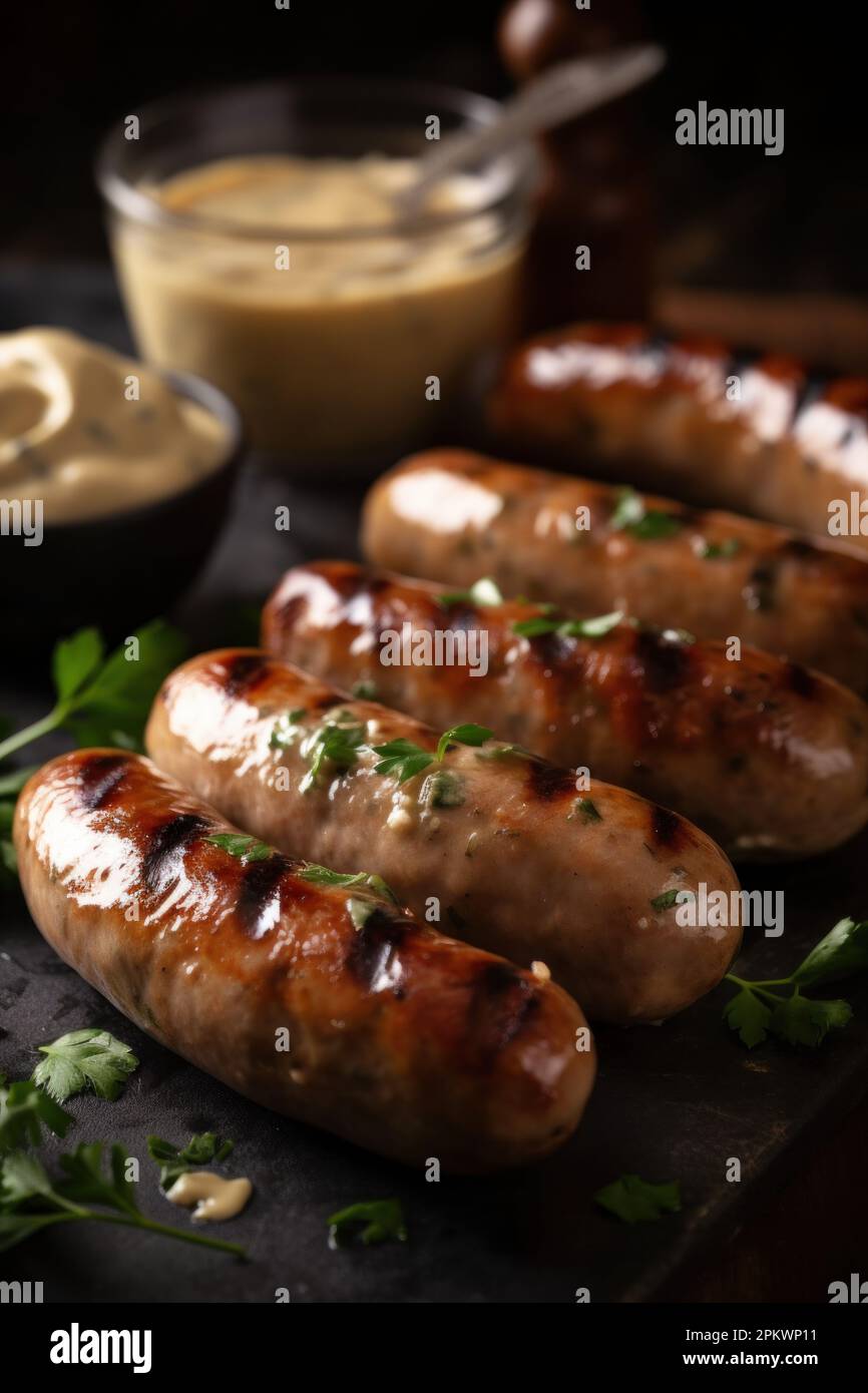 Collection de différents types de saucisses allemandes de porc et de veau à la sauce moutarde ...