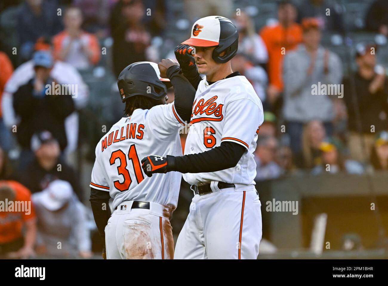 Baltimore Orioles' Ryan Mountcastle (6) is greeted by Cedric Mullins ...