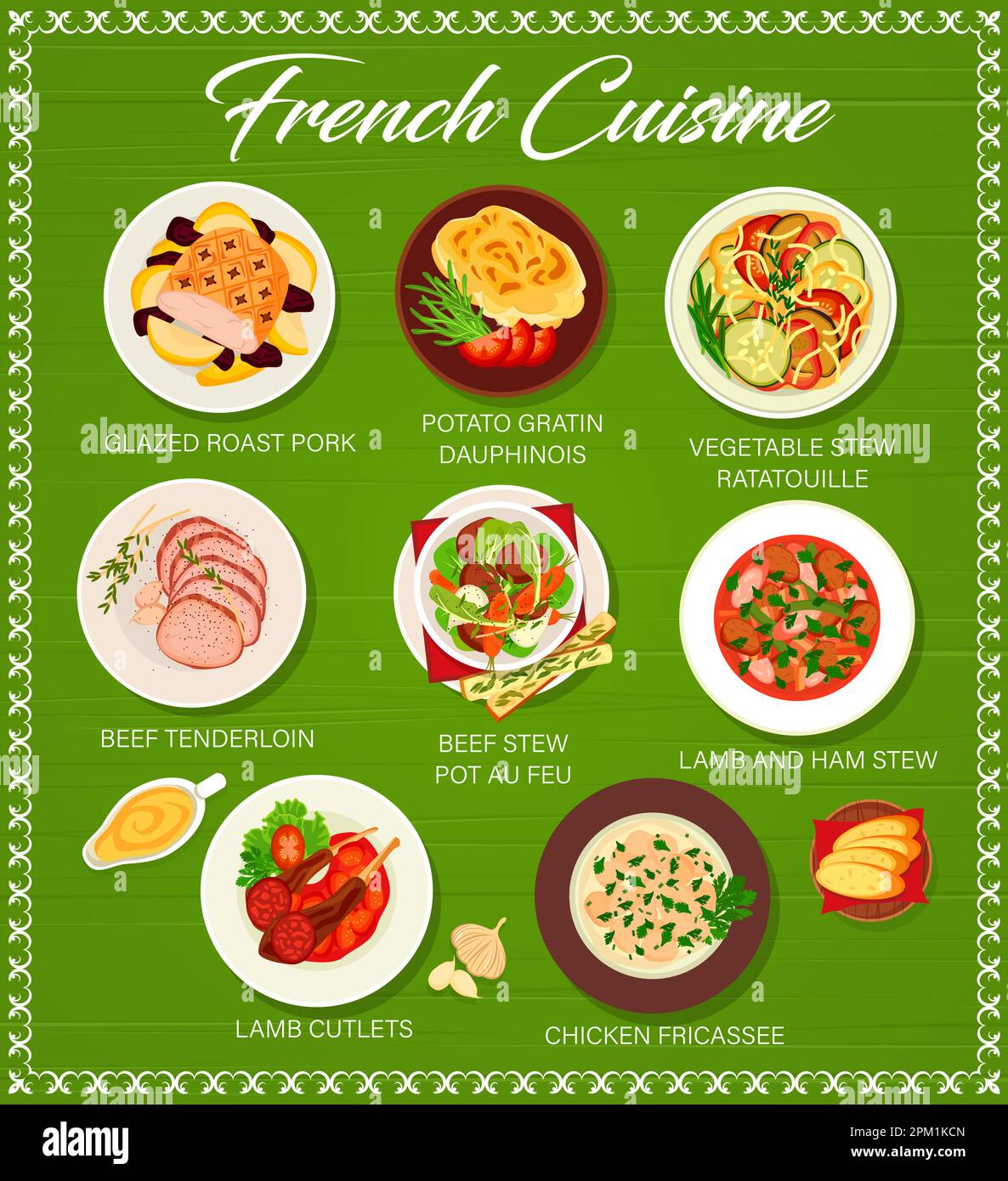 Modèle de page de menu de cuisine française. Rôti de porc glacé ...
