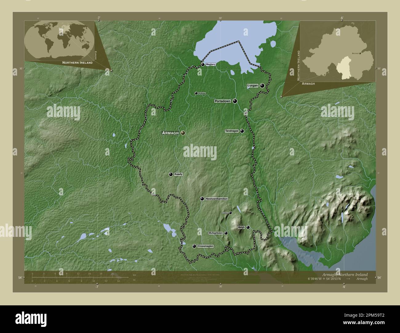 Armagh, région de l'Irlande du Nord. Carte d'altitude colorée en style ...
