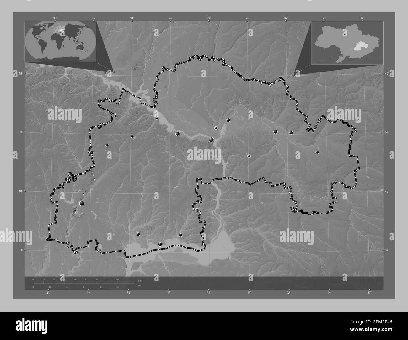 Dnipropetrovs'k, région de l'Ukraine. Carte d'altitude en niveaux de ...
