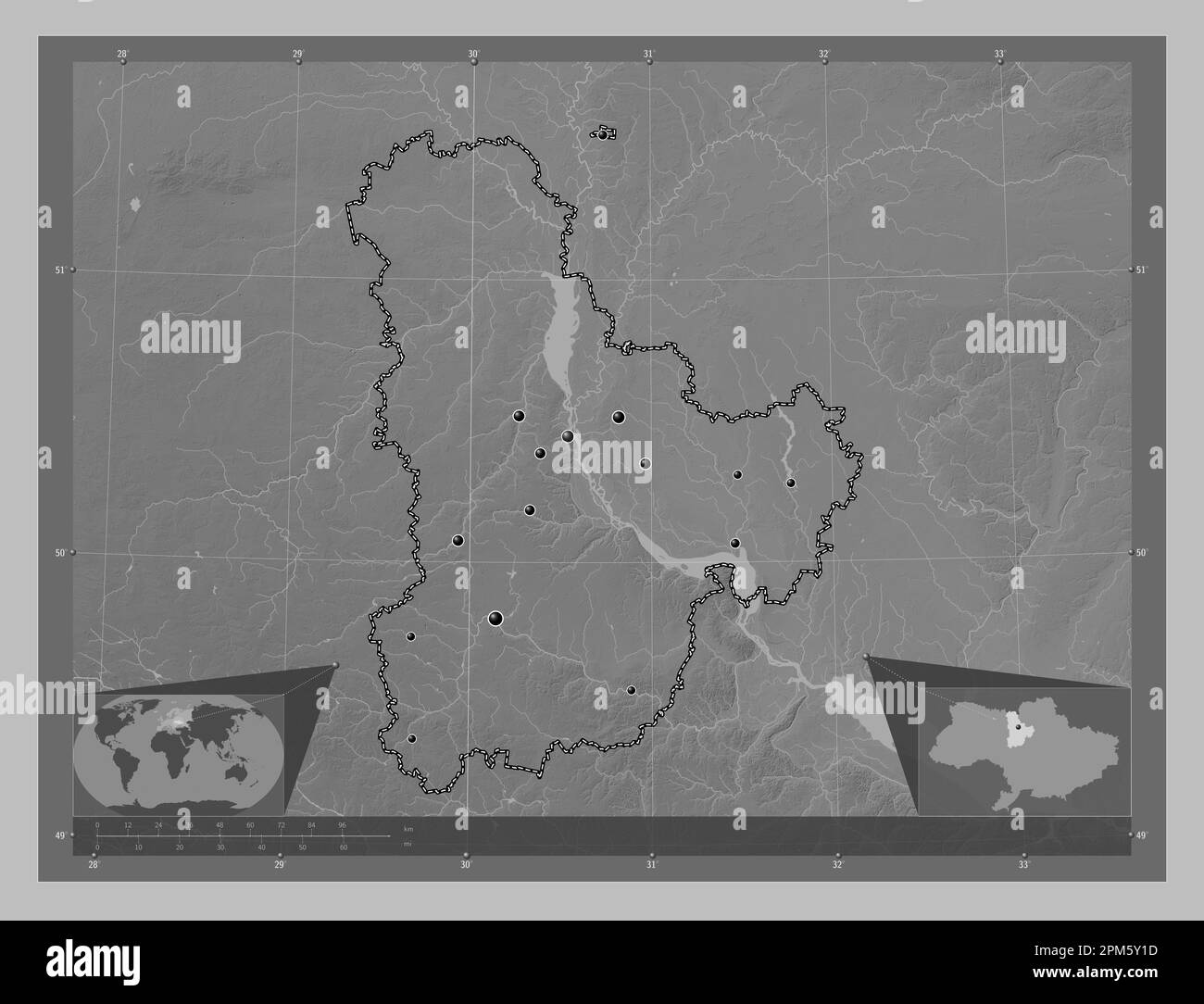 Kiev, région de l'Ukraine. Carte d'altitude en niveaux de gris avec ...