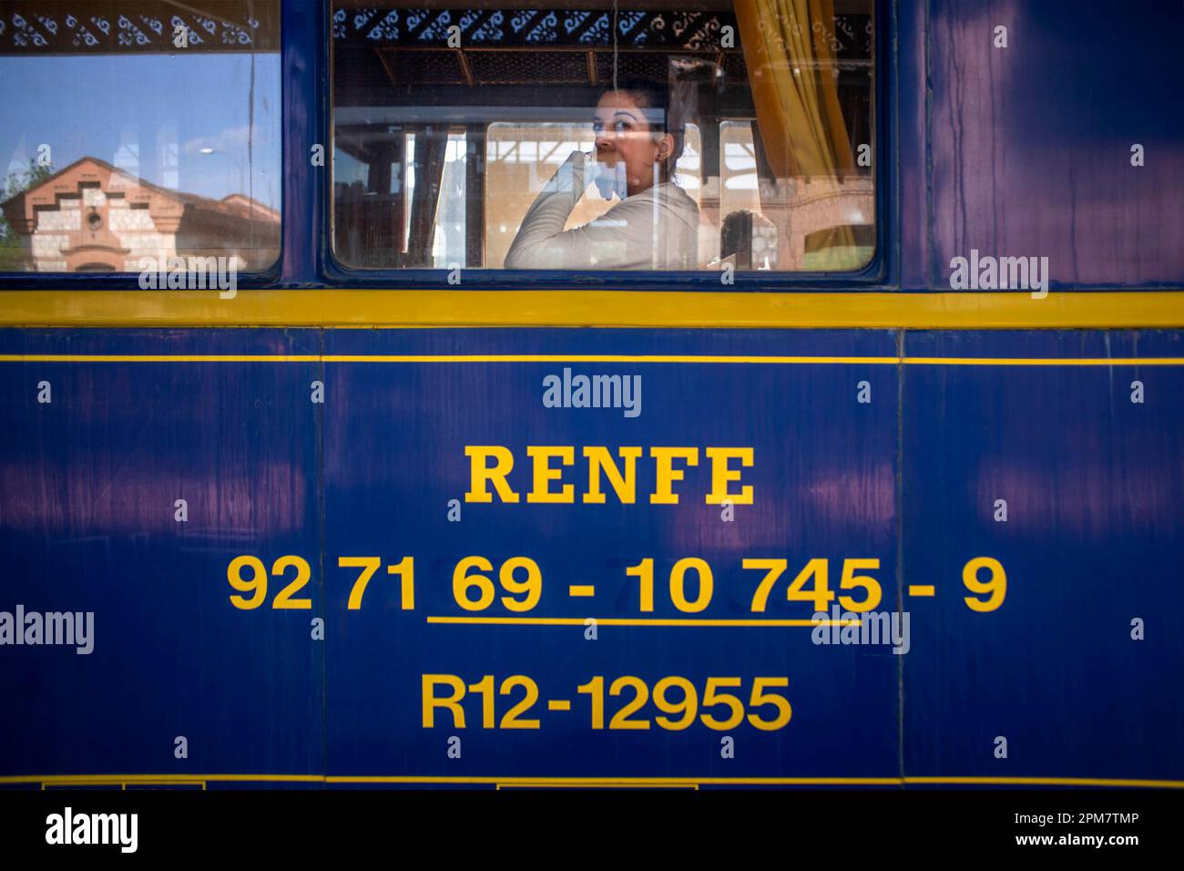 Train de fraises garés à la gare d'Aranjuez, Madrid, Espagne. Logo et ...