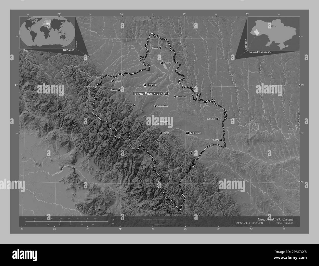Ivano-Frankivs'k, région de l'Ukraine. Carte d'altitude en niveaux de ...