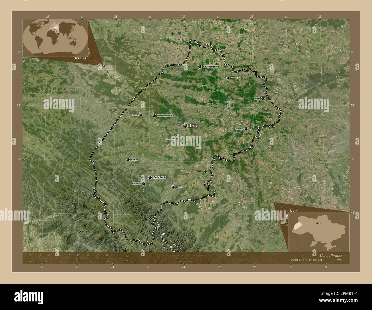 L'viv, région de l'Ukraine. Carte satellite basse résolution. Lieux et ...