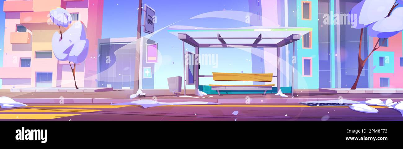 Chute de neige de dessin animé dans la rue de ville d'hiver avec arrêt ...