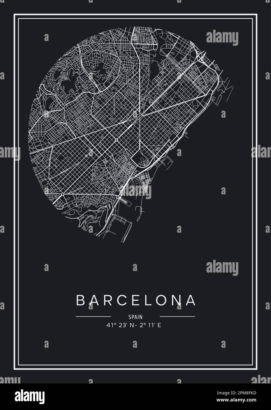 Carte de la ville de Barcelone imprimable en noir et blanc, design d ...