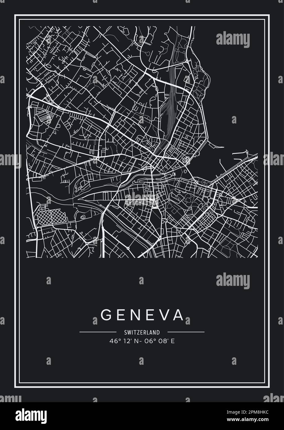 Carte de la ville de Genève imprimable en noir et blanc, design d ...