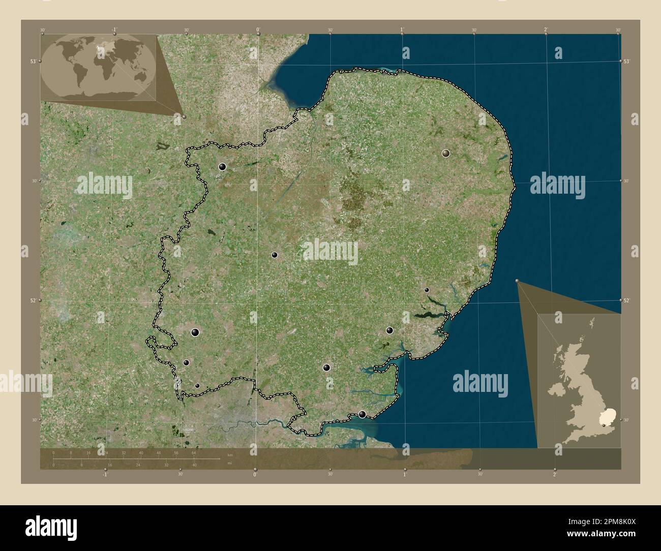 Est de l'Angleterre, région du Royaume-Uni. Carte satellite haute ...