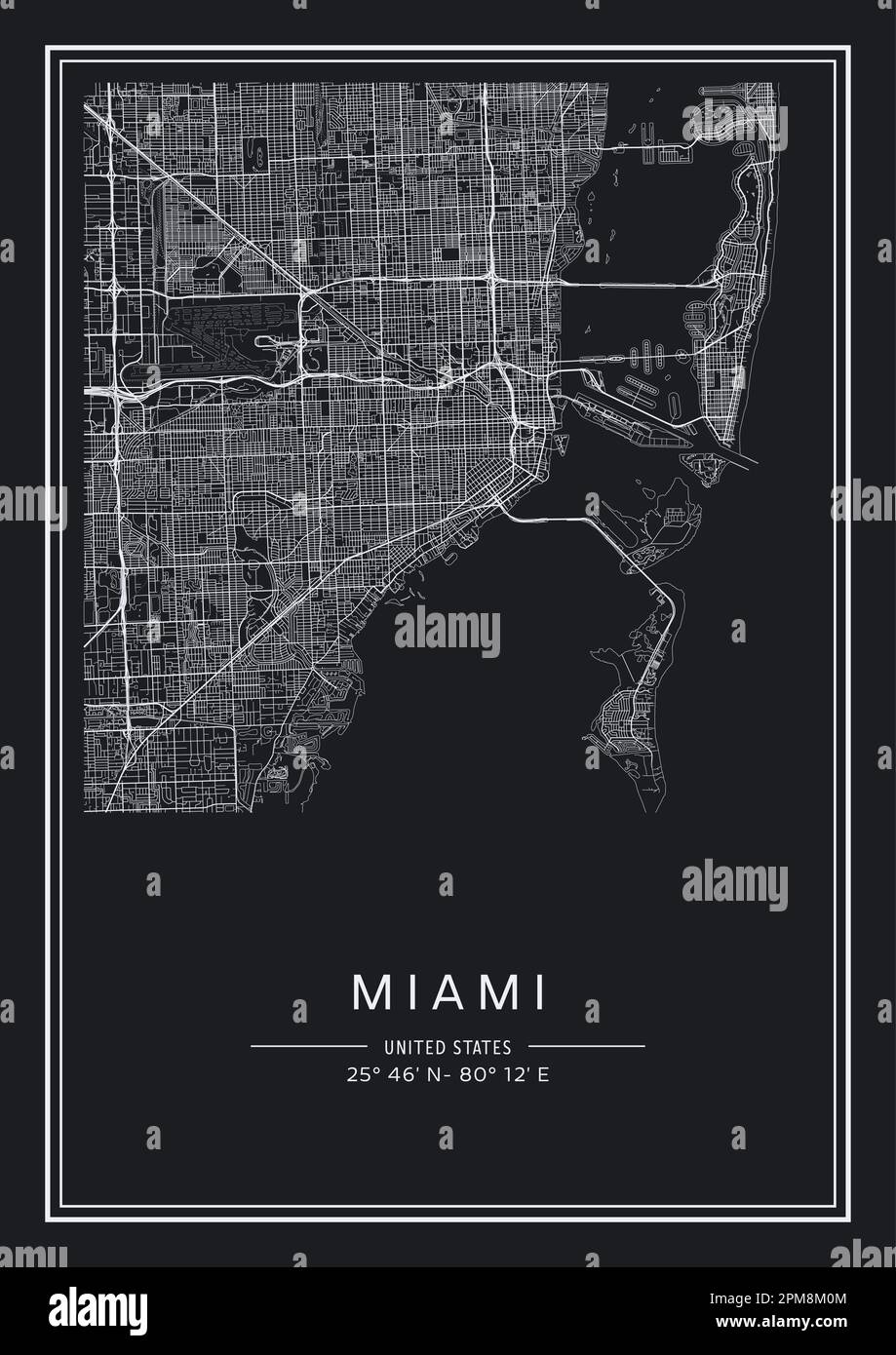 Carte de la ville de Miami imprimable en noir et blanc, design de l ...