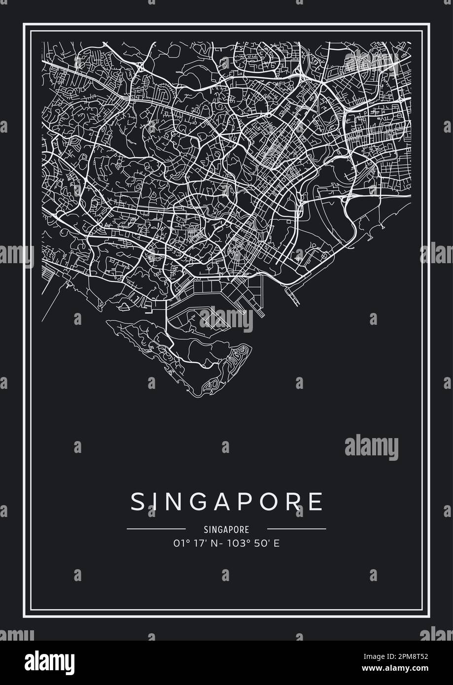 Carte de la ville de Singapour imprimable en noir et blanc, design d ...