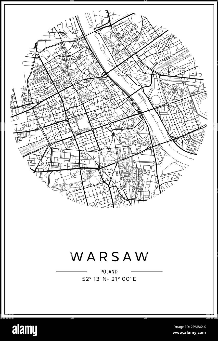 Carte de la ville de Varsovie imprimable en noir et blanc, design d ...