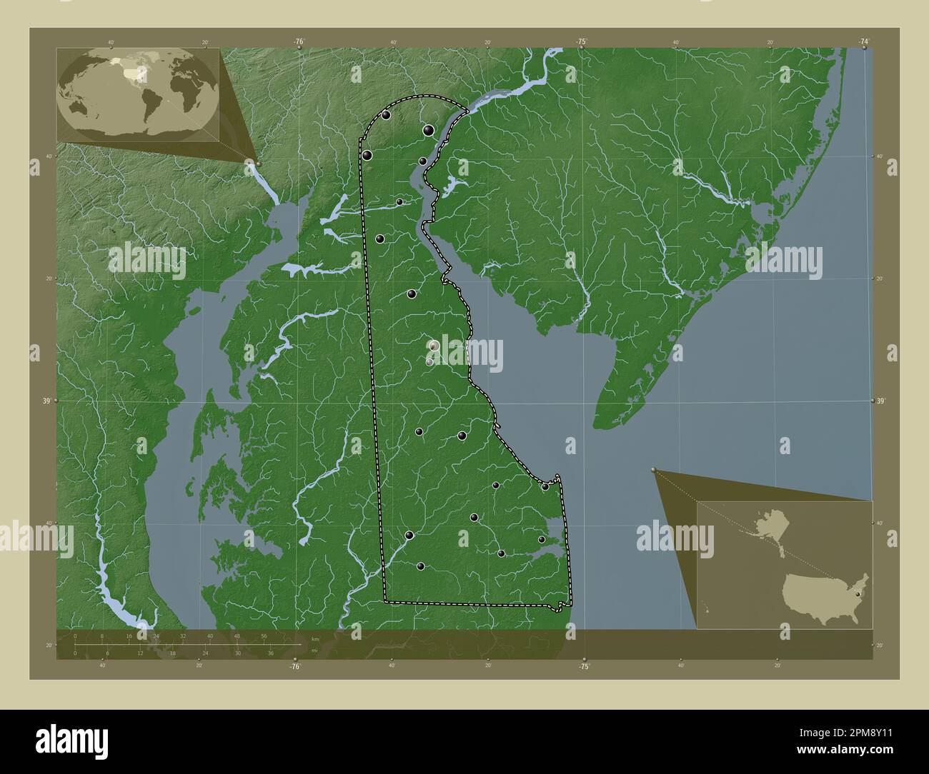 Delaware, État des États-Unis d'Amérique. Carte d'altitude colorée en ...