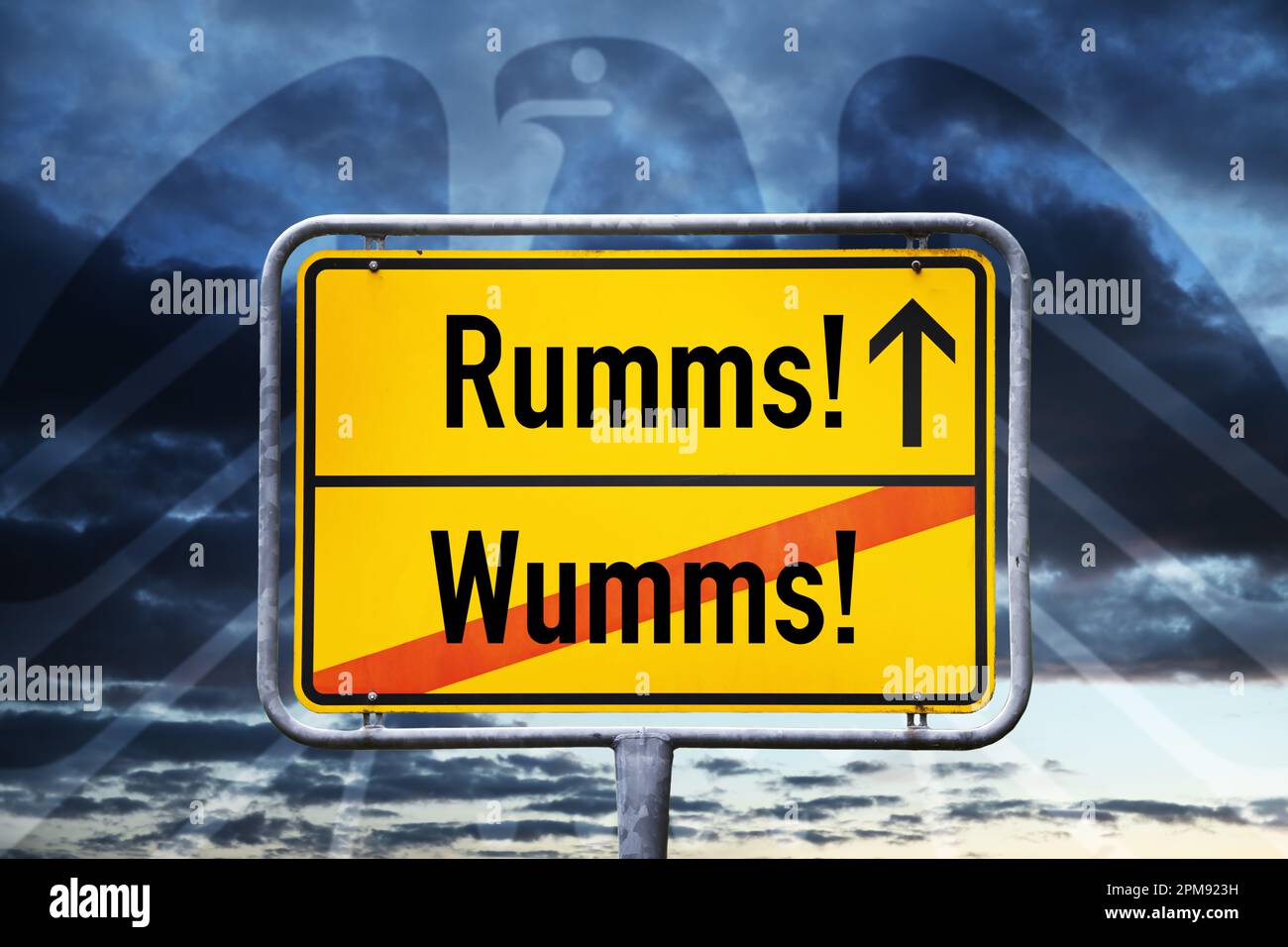 FOTOMONTAGE, Ortsschild mit durchgestrichener Aufschrift Wumms! Betrieb ...