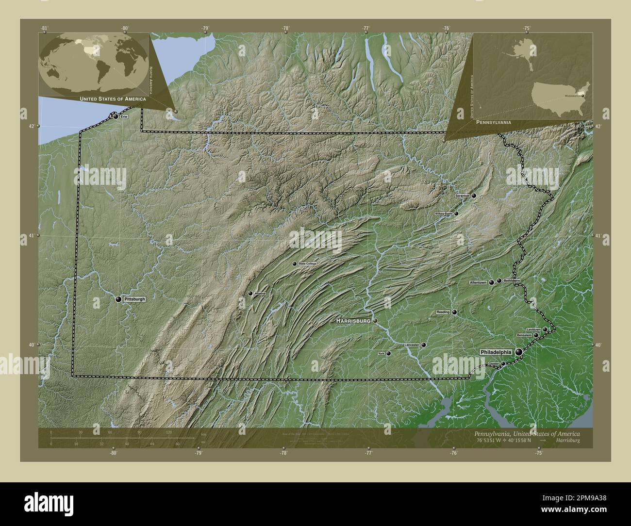 Pennsylvanie, État des États-Unis d'Amérique. Carte d'altitude colorée ...