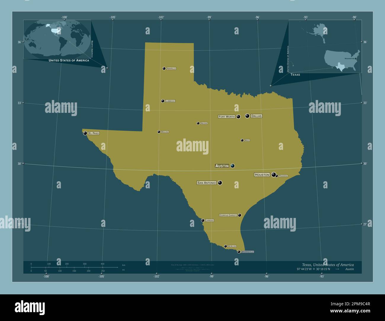 Texas, État des États-Unis d'Amérique. Forme de couleur unie. Lieux et ...