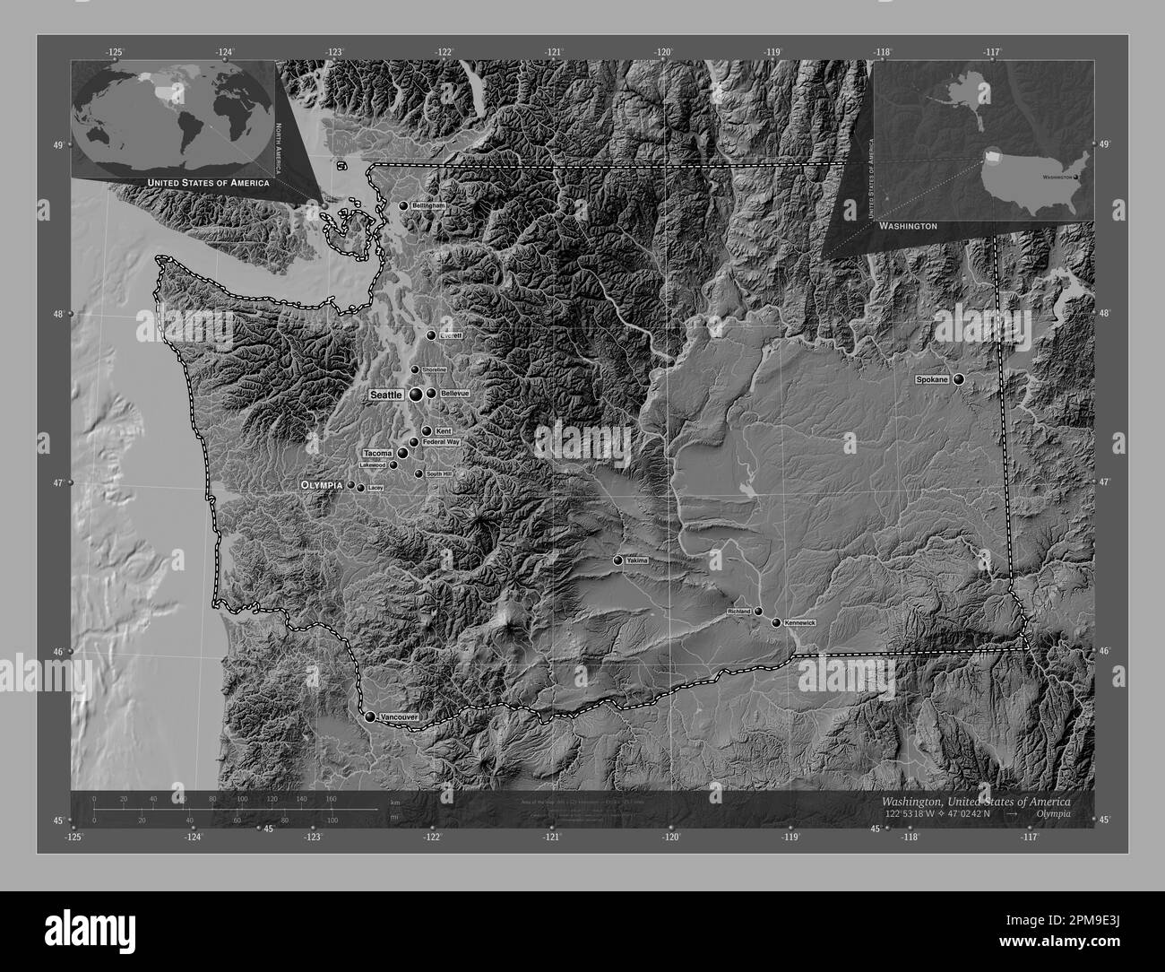 Washington, État des États-Unis d'Amérique. Carte d'altitude à deux ...