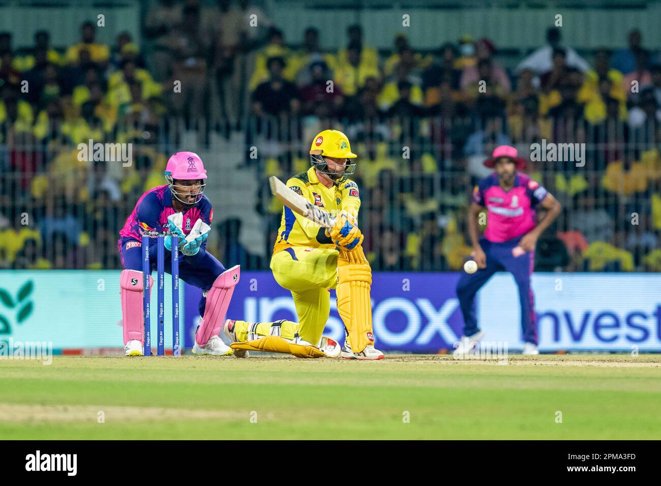 Devon Conway of Chennai Super Kings plays a shot during the Indian ...