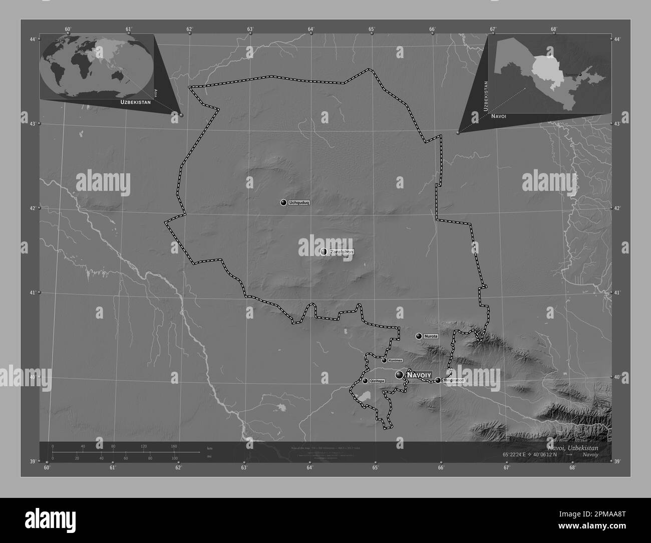 Navoi, région de l'Ouzbékistan. Carte d'altitude à deux niveaux avec ...