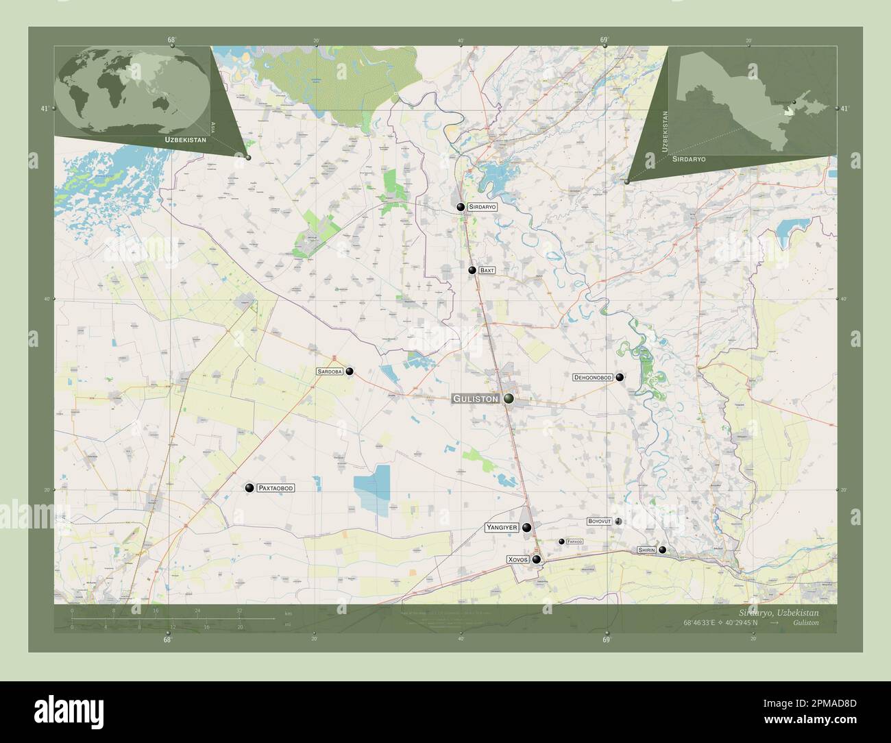 Sirdaryo, région de l'Ouzbékistan. Ouvrez la carte des rues. Lieux et ...