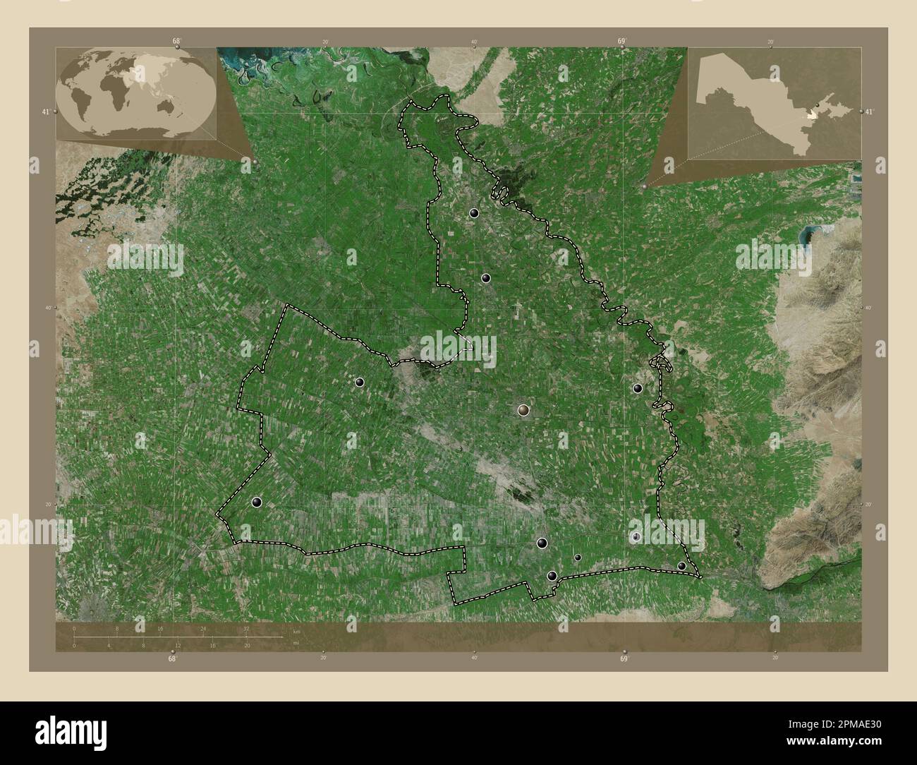 Sirdaryo, région de l'Ouzbékistan. Carte satellite haute résolution ...