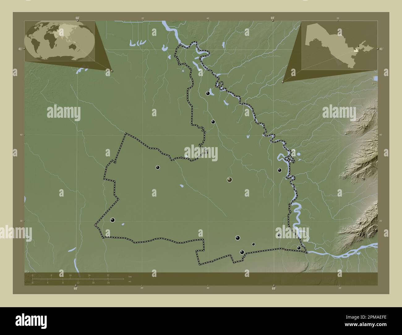 Sirdaryo, région de l'Ouzbékistan. Carte d'altitude colorée en style ...