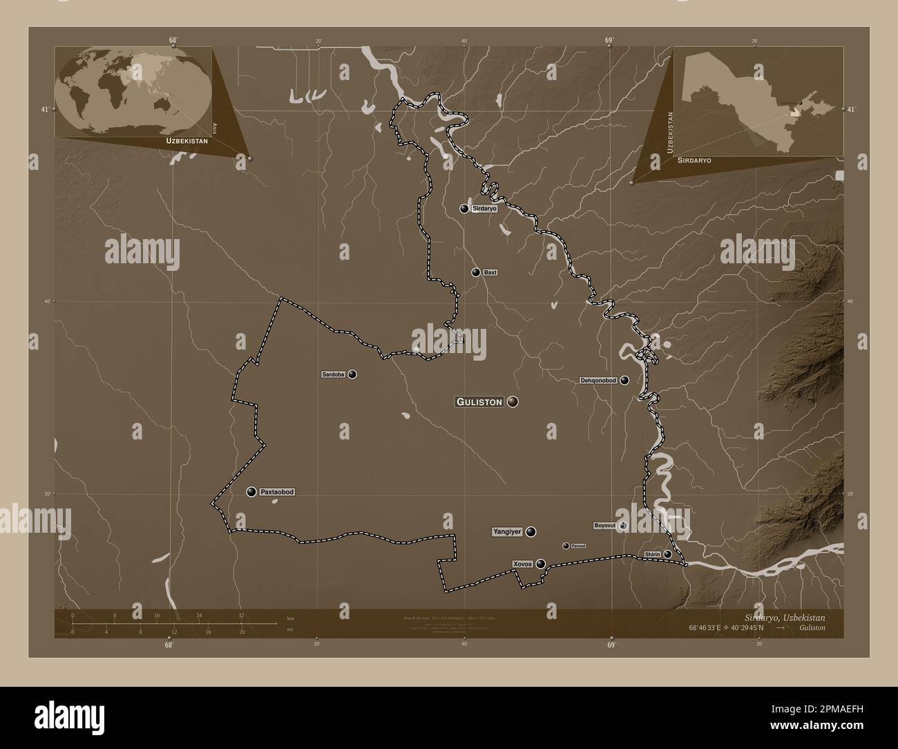 Sirdaryo, région de l'Ouzbékistan. Carte d'altitude colorée en tons ...