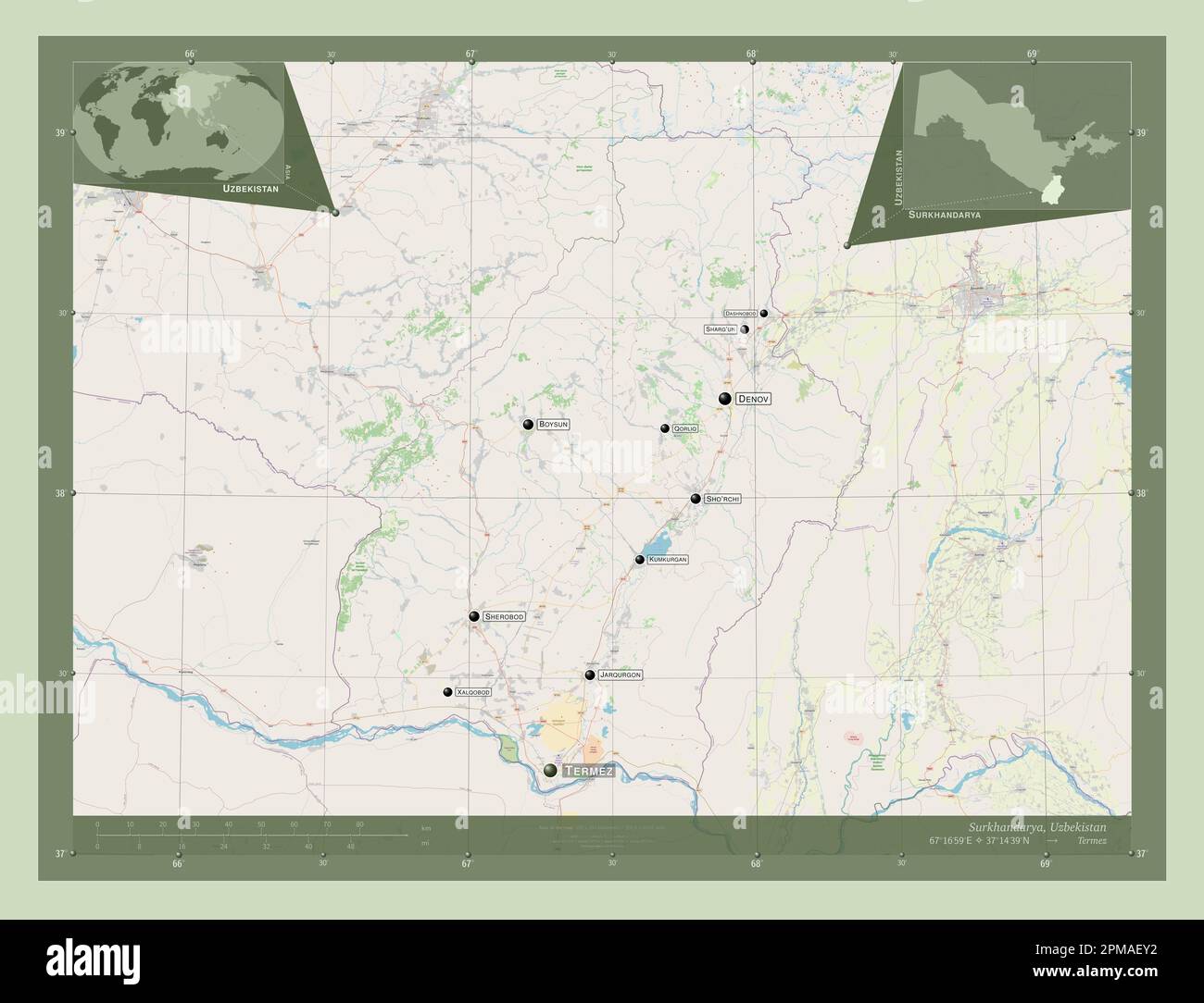 Surkhandarya, région de l'Ouzbékistan. Ouvrez la carte des rues. Lieux ...