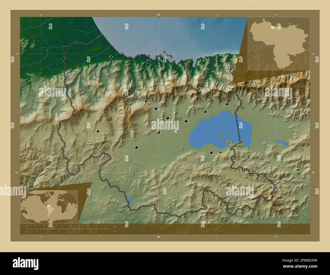 Carabobo, État du Venezuela. Carte d'altitude en couleur avec lacs et ...