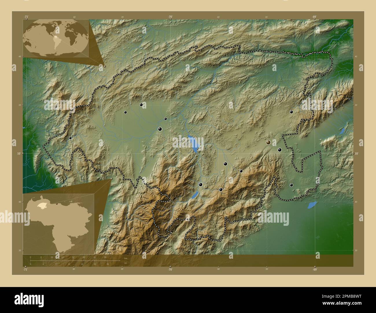 Lara, État du Venezuela. Carte d'altitude en couleur avec lacs et ...