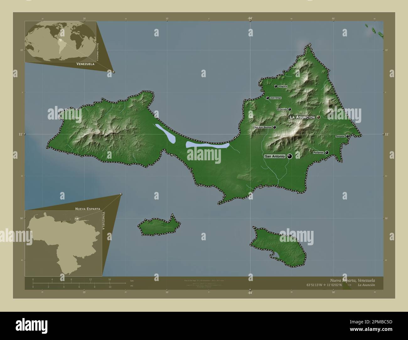 Nueva Esparta, État du Venezuela. Carte d'altitude colorée en style ...