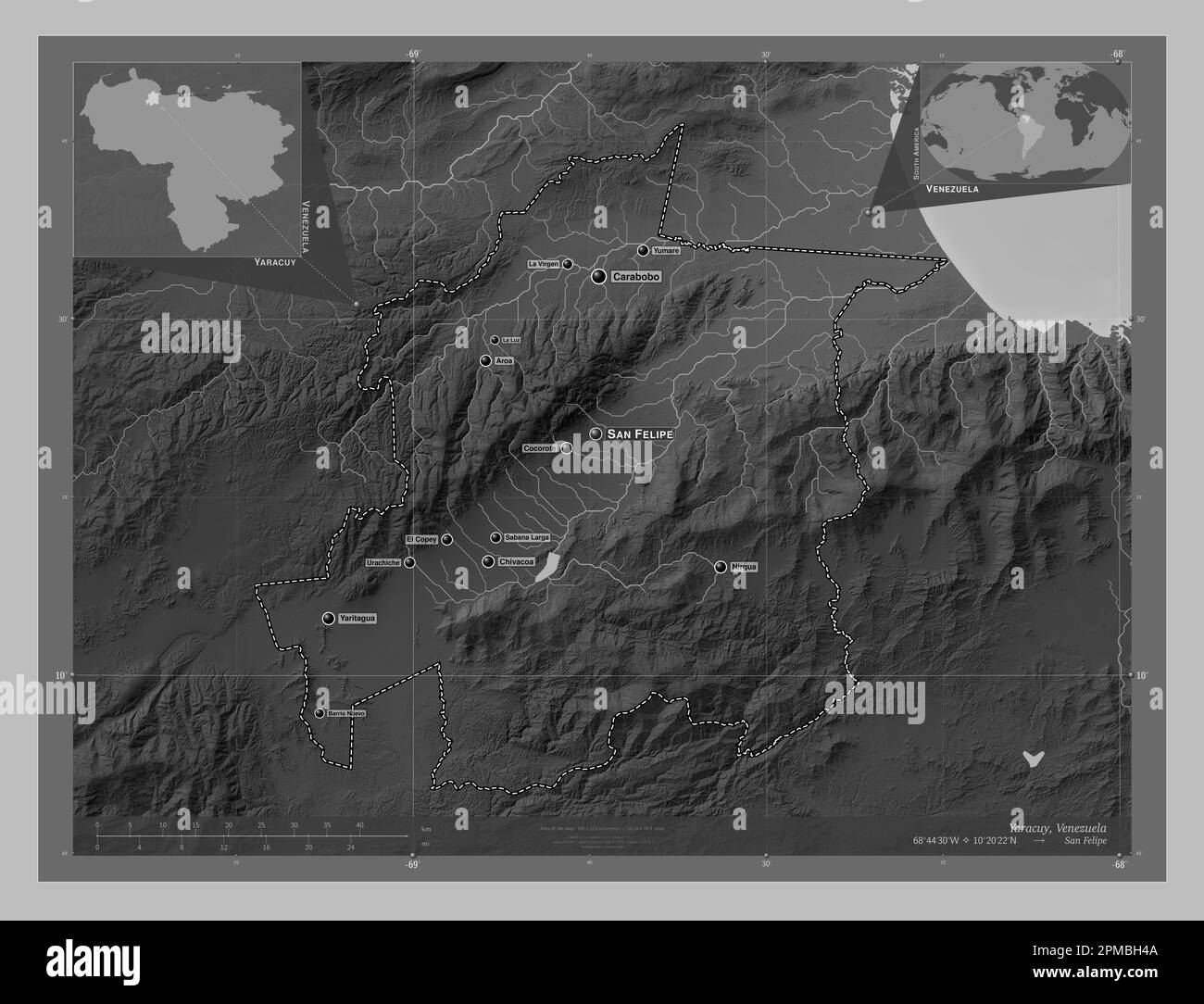 Yaracuy, État du Venezuela. Carte d'altitude en niveaux de gris avec ...