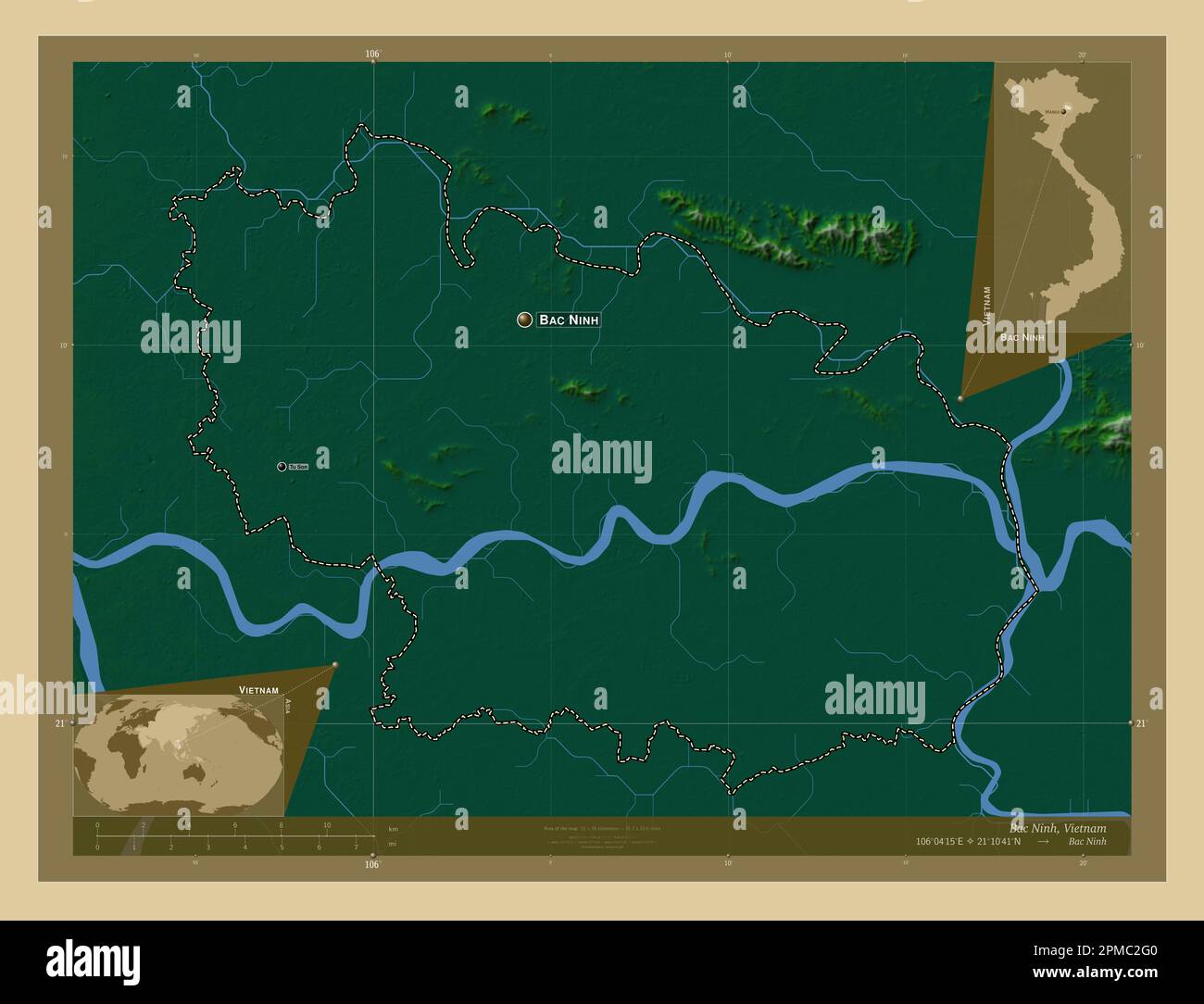 Bac Ninh, province du Vietnam. Carte d'altitude en couleur avec lacs et ...