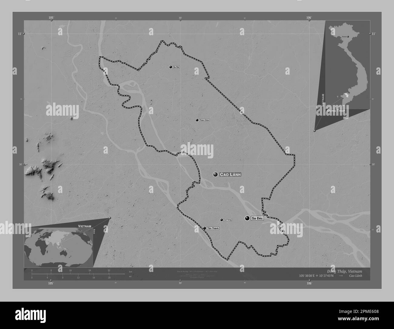 ong Thap, province du Vietnam. Carte d'altitude en niveaux de gris avec ...