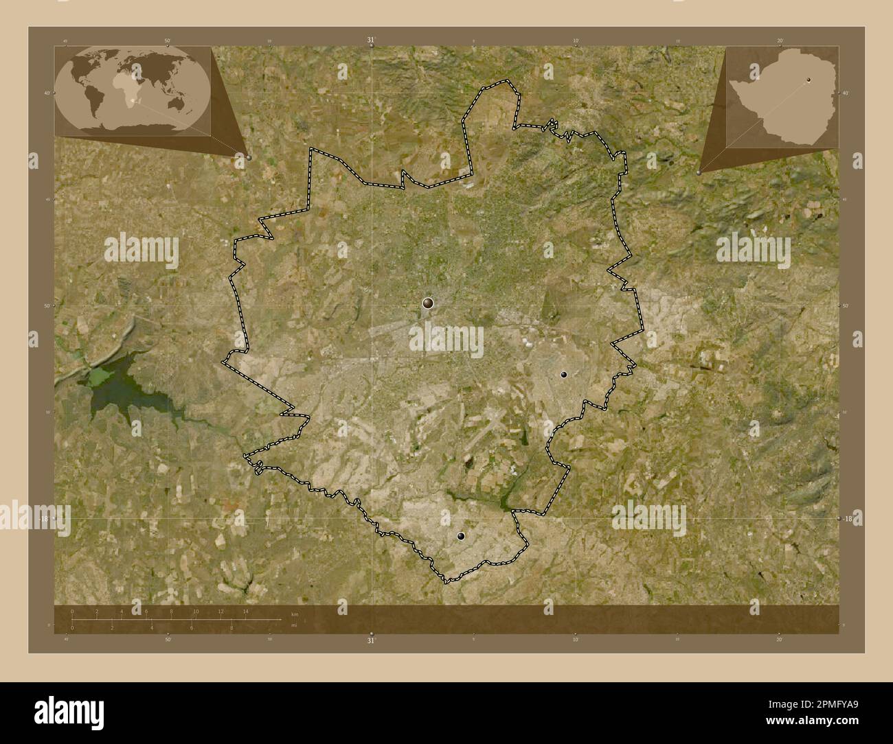 Harare, ville du Zimbabwe. Carte satellite basse résolution. Lieux des ...