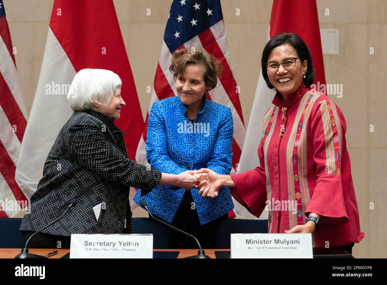 Treasury Secretary Janet Yellen shakes hands with Indonesia's finance ...