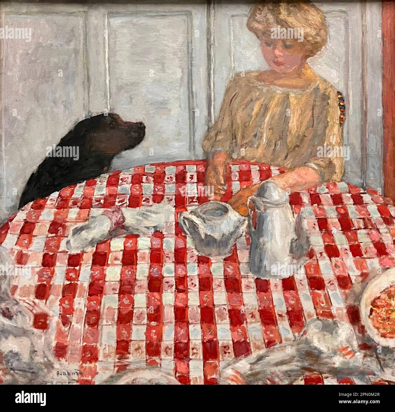 Le linge de table à carreaux rouges ou chien au petit déjeuner par ...