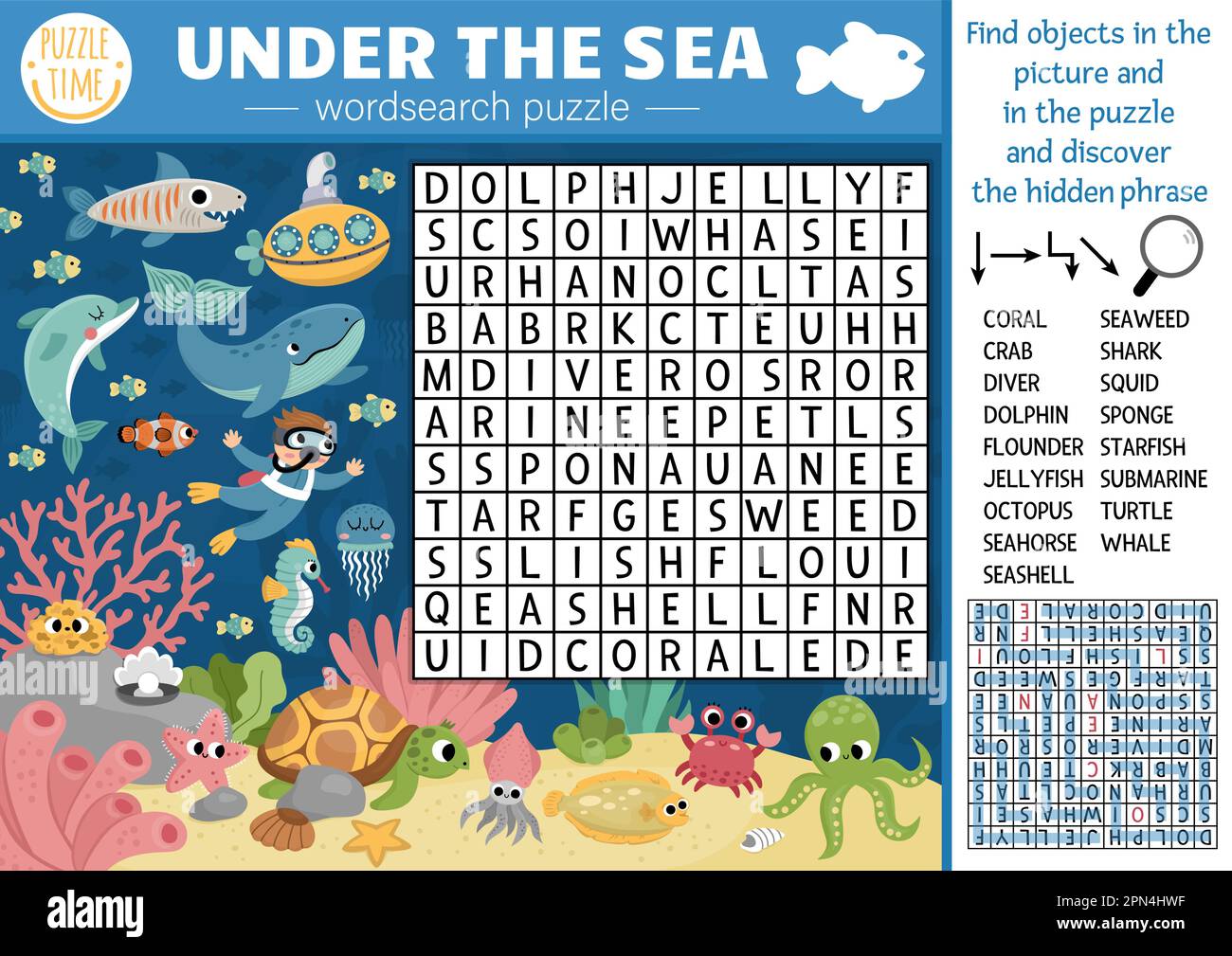 Vecteur sous la mer puzzle de recherche de mot pour les enfants. Quiz ...