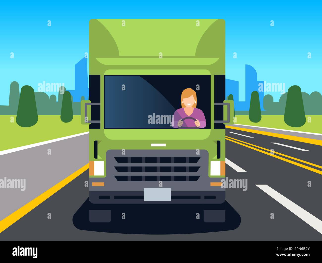 Femme derrière une roue de camion roulant sur l'autoroute. Driver de ...