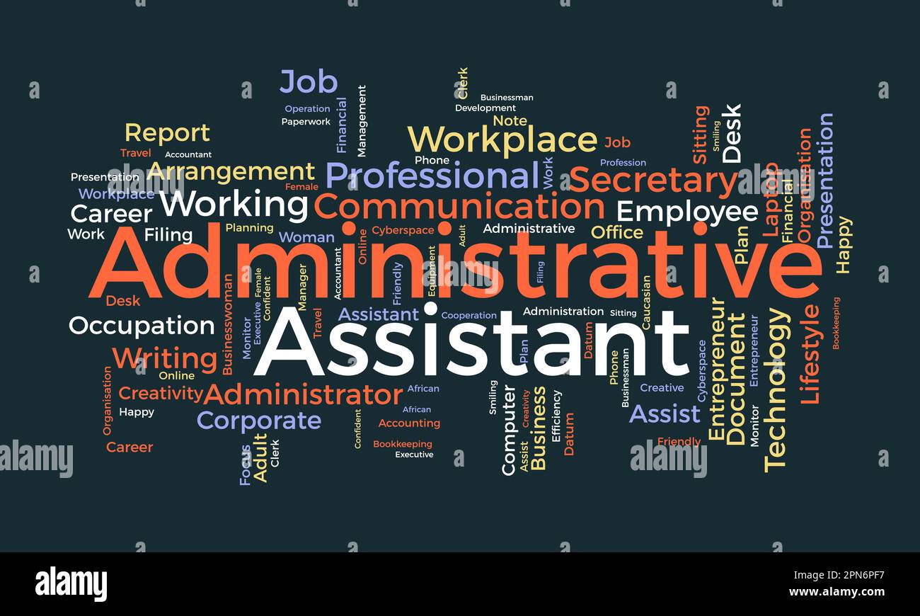 Concept d'arrière-plan de nuage de mots pour l'assistant administratif. Présentation d'affaires ...