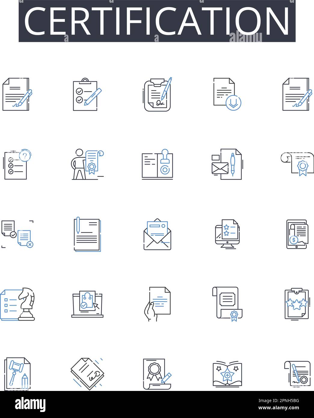 Collection d'icônes de ligne de certification. Approbation, accréditation, authentification ...