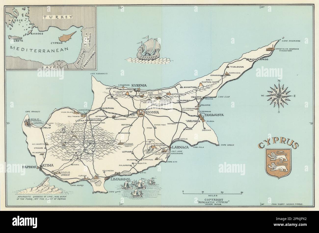 Carte picturale de Chypre par John Sabry 1948 carte ancienne de plan d ...