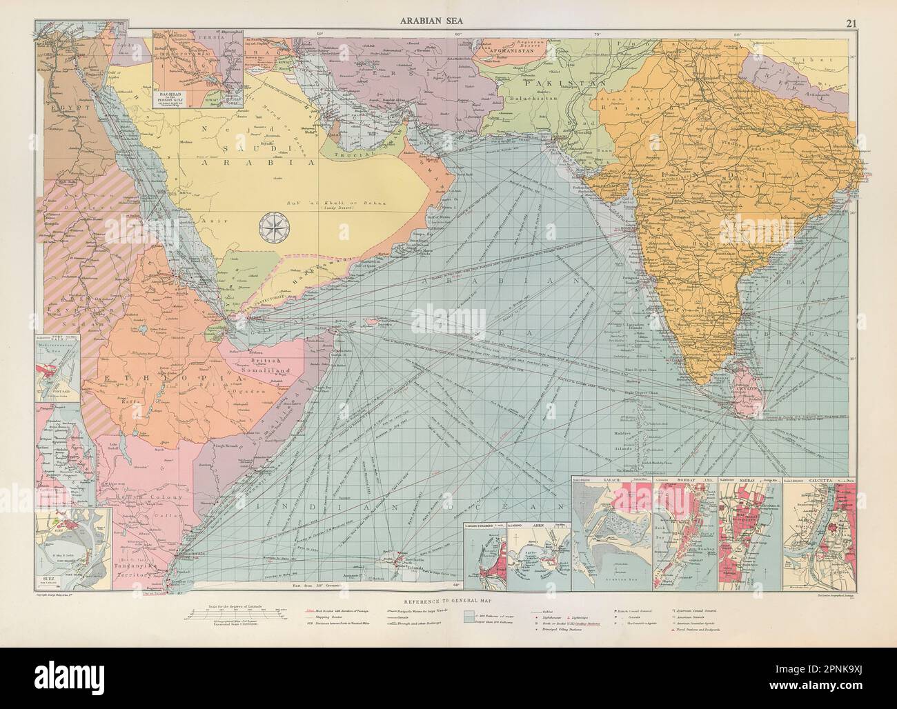 Carte de la mer du golfe Persique/rouge. Ports phares courrier. GRANDE ...