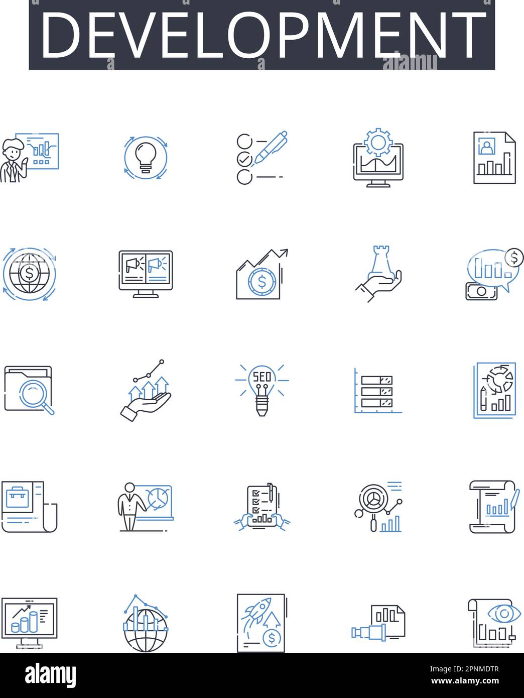 Collection d'icônes de ligne de développement. Avancement, évolution ...