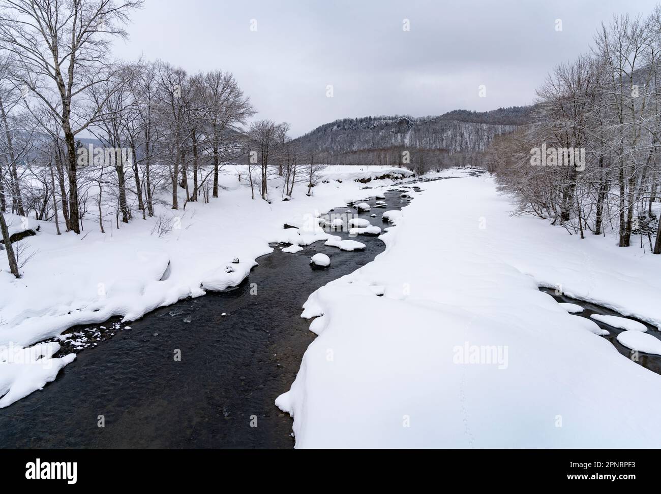 La rivière Ishikari vue en hiver d'un train express JR Hokkaido Okhotsk ...