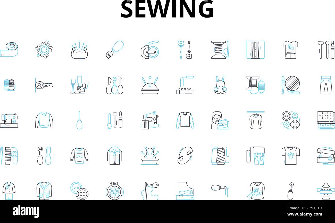 Jeu d'icônes linéaires de couture. Couture, aiguilles, enfilage, tissu, Bobbin, Fils, symboles ...