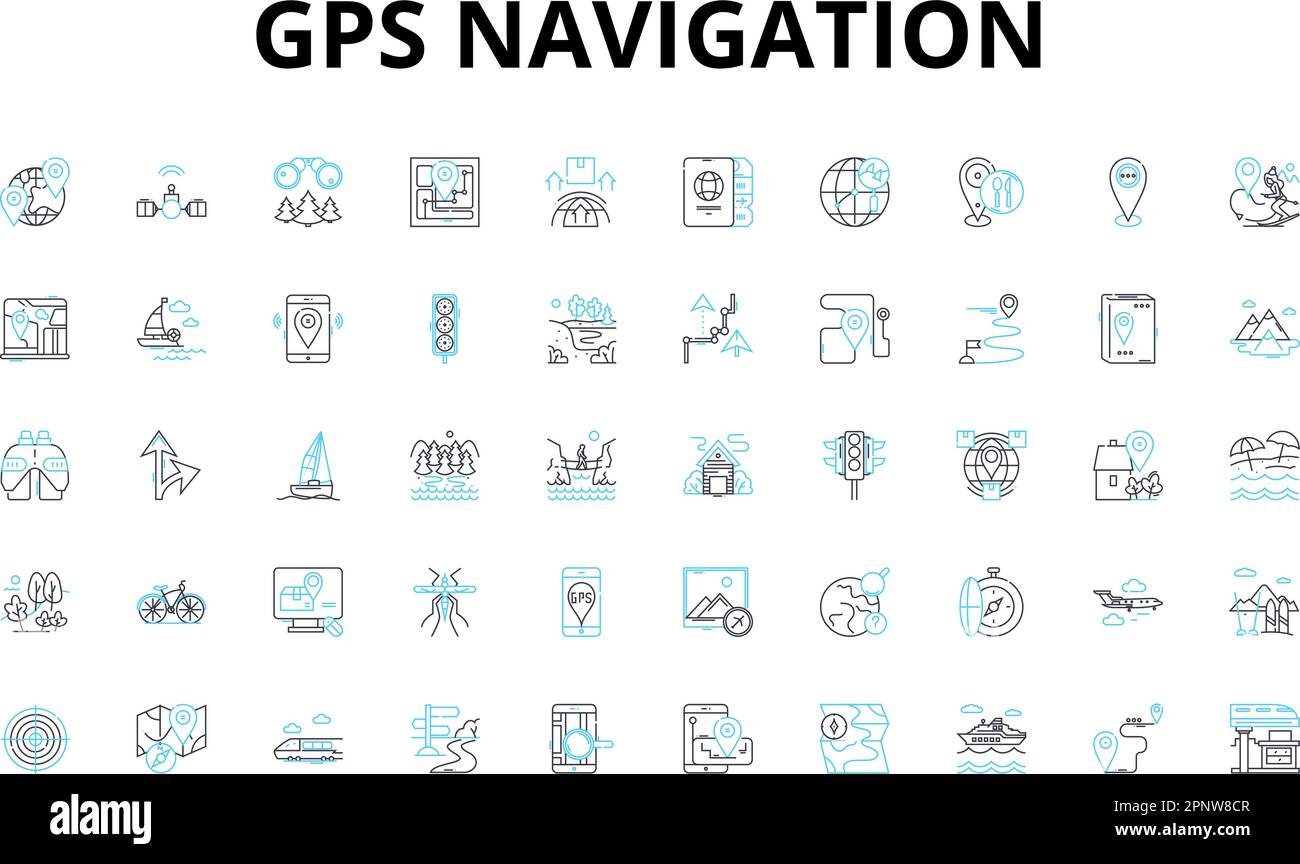 Ensemble d'icônes linéaires de navigation GPS. Satellites, coordonnées ...