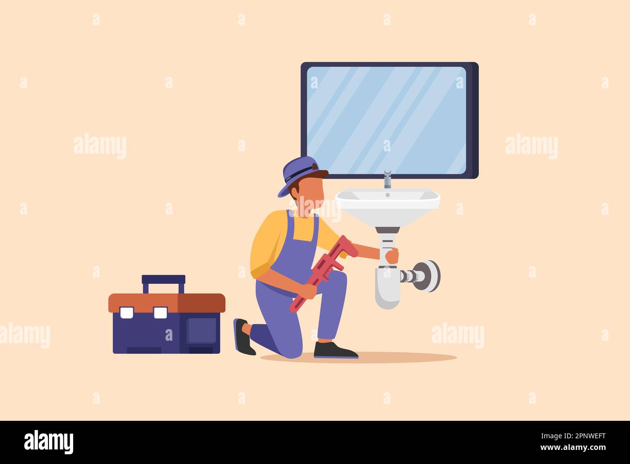 Design commercial dessin réparateur ou plombier répare évier dans la salle de bains et ...